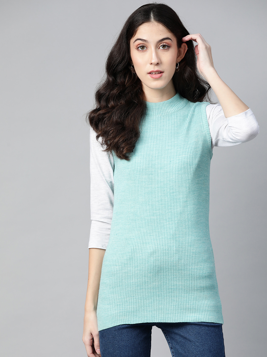 WOMEN TURQUOISE BLUE MOCK NECK TOP - Companion